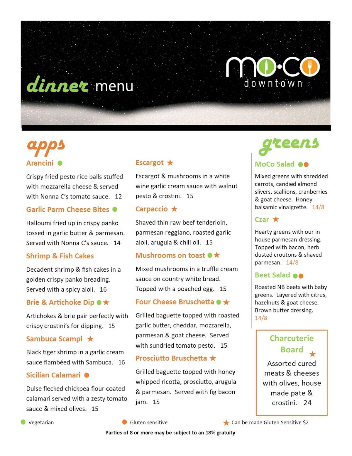 Menu at MOCO Downtown restaurant, Fredericton, 100 Regent St