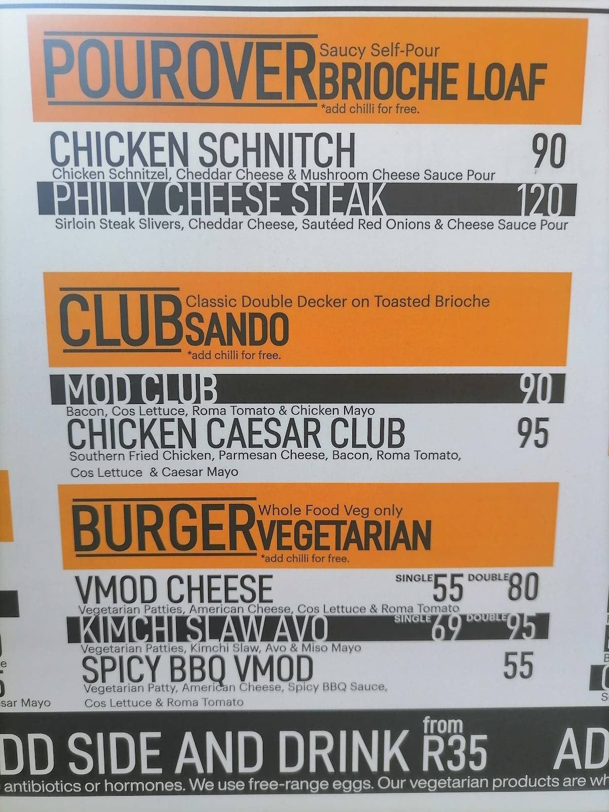 Menu at MOD restaurant, Johannesburg