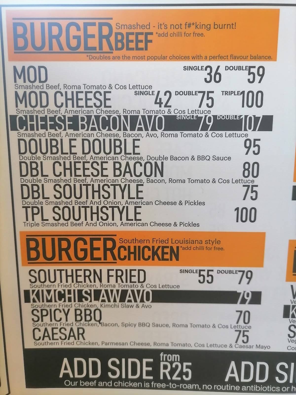 Menu at MOD restaurant, Johannesburg
