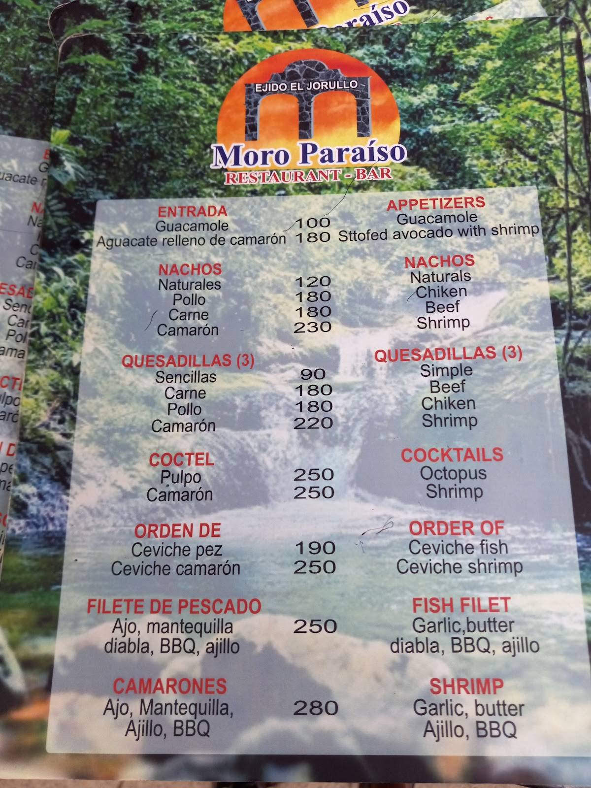Menu at MORO PARAISO restaurant, Puerto Vallarta, Felipe Angeles 1985