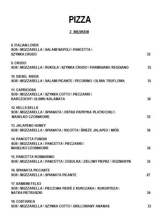 Menu at MOZZA restaurant, Lublin