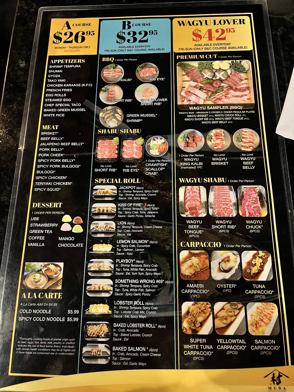 Menu at MURA JAPANESE BBQ & SHABU, Henderson
