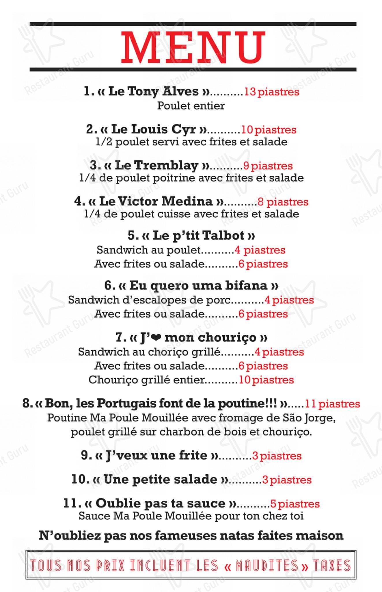 Menu au Ma Poule Mouillée restaurant, Montréal, 969 Rachel St E