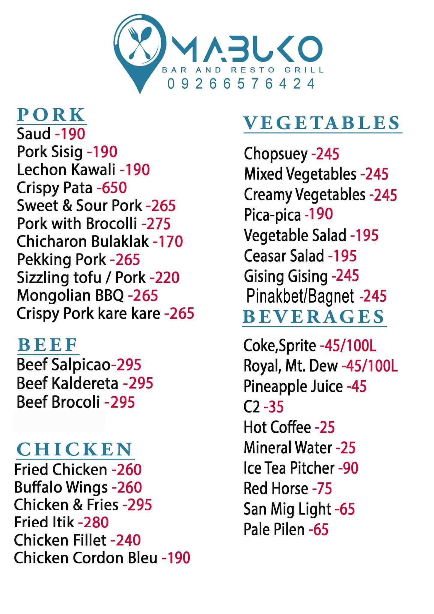 Menu at Mabuko Bar & Resto Grill, Magalang