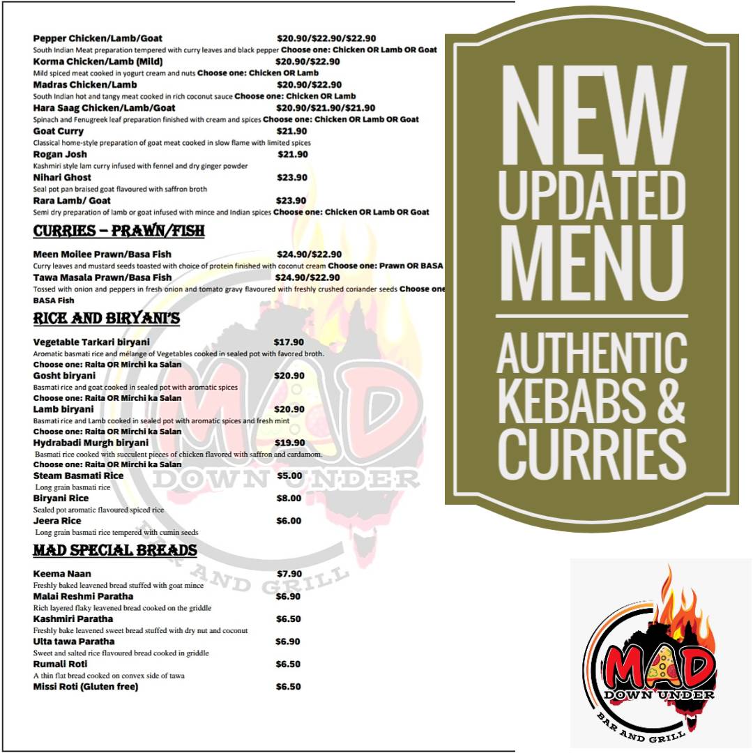 Menu at Mad Down Under restaurant, Harris Park