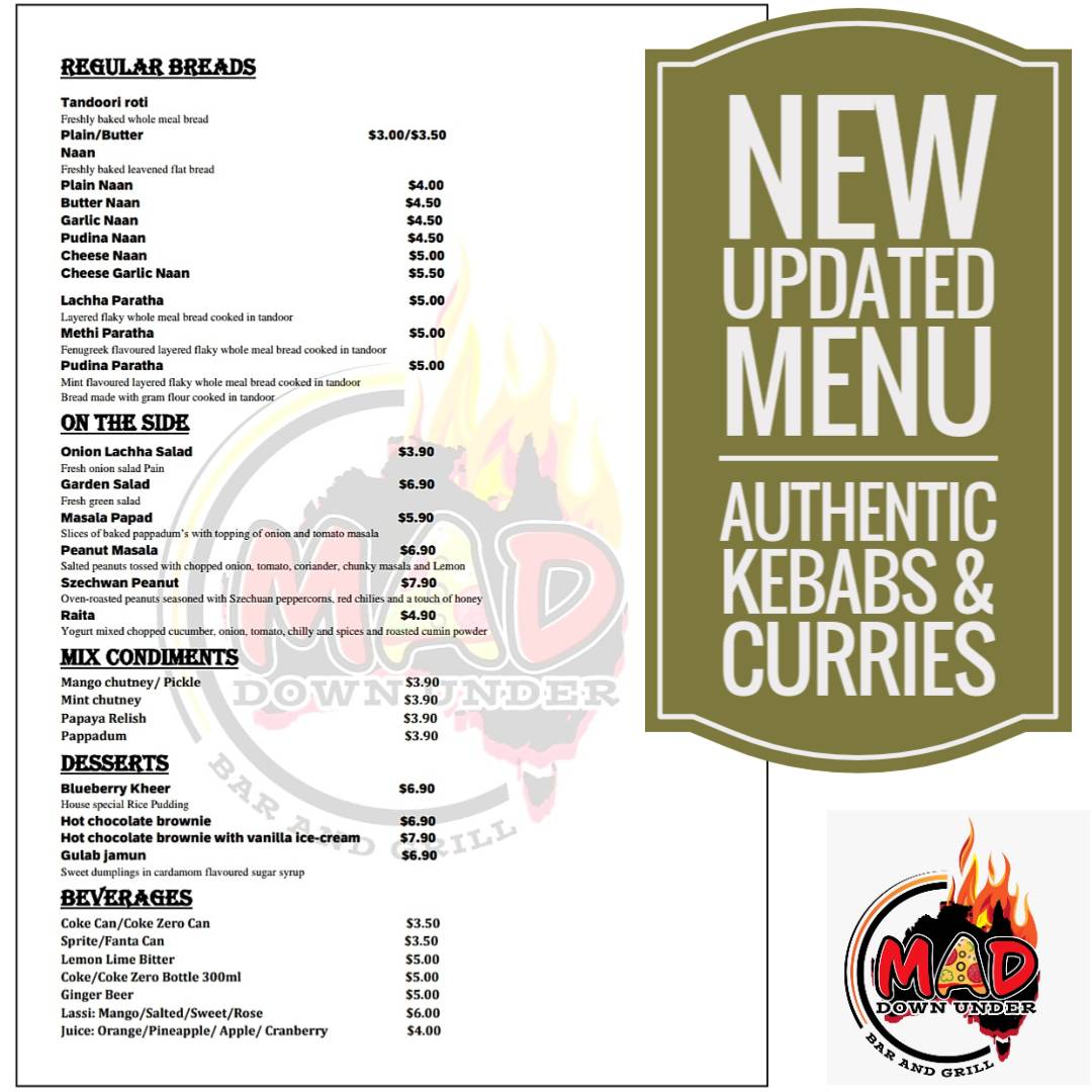Menu at Mad Down Under restaurant, Harris Park