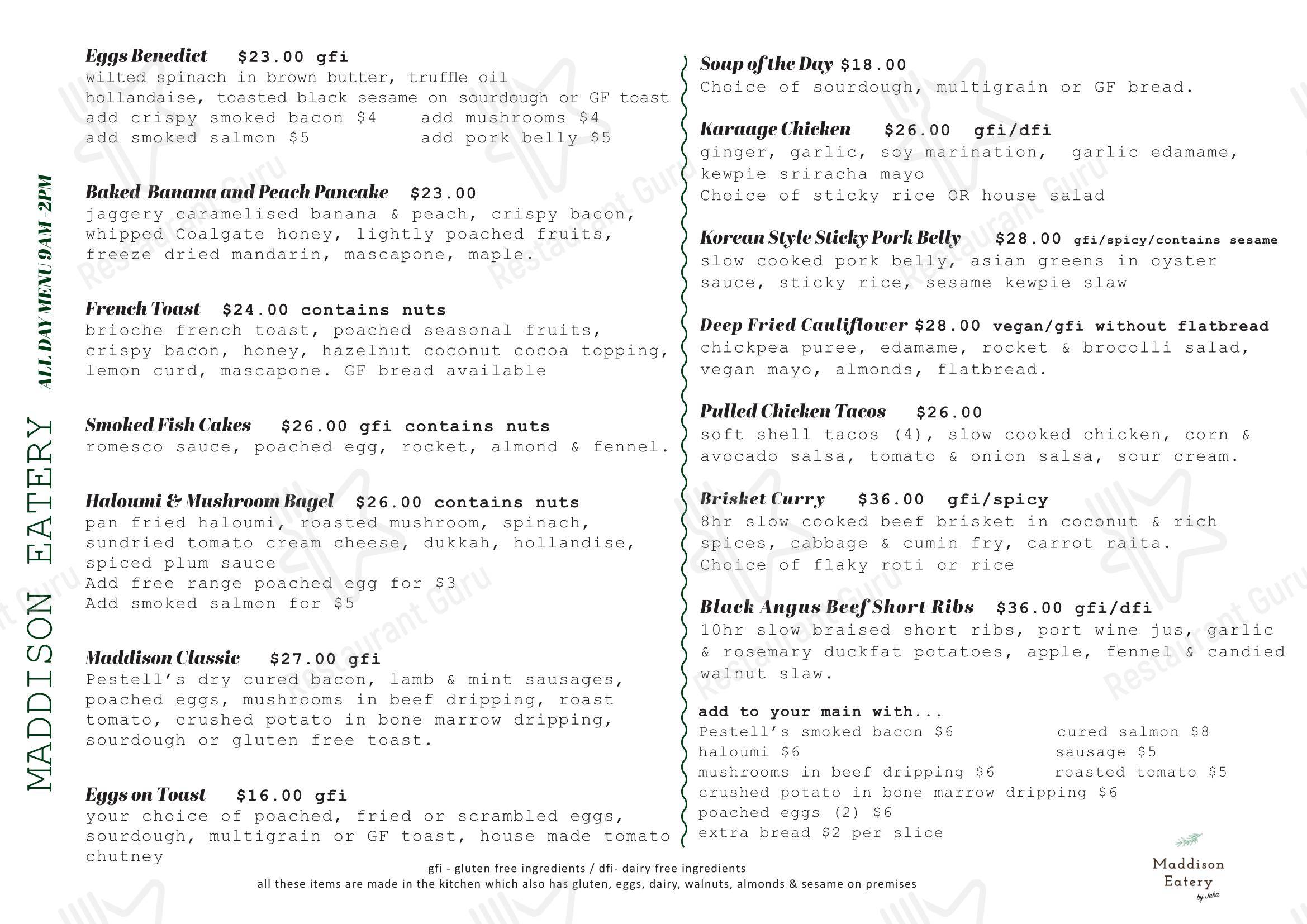 Menu at Maddison Eatery restaurant, Rolleston