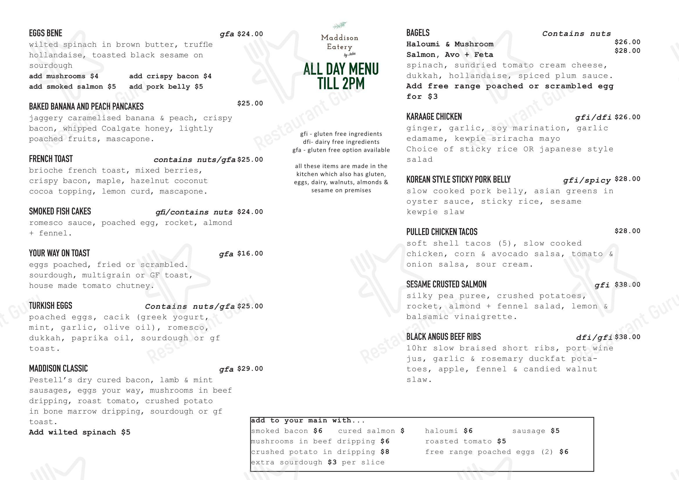 Menu at Maddison Eatery restaurant, Rolleston