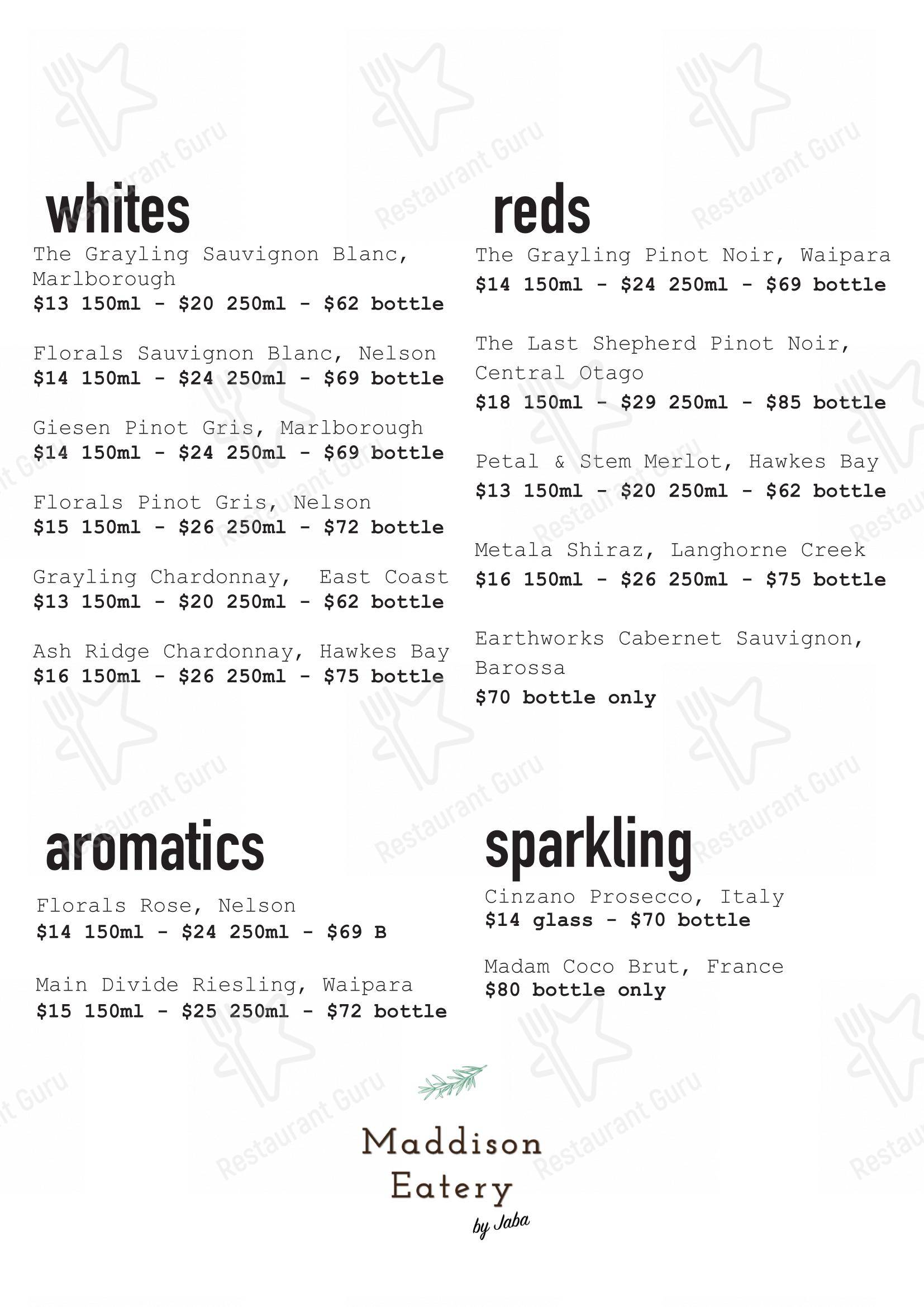 Menu at Maddison Eatery restaurant, Rolleston