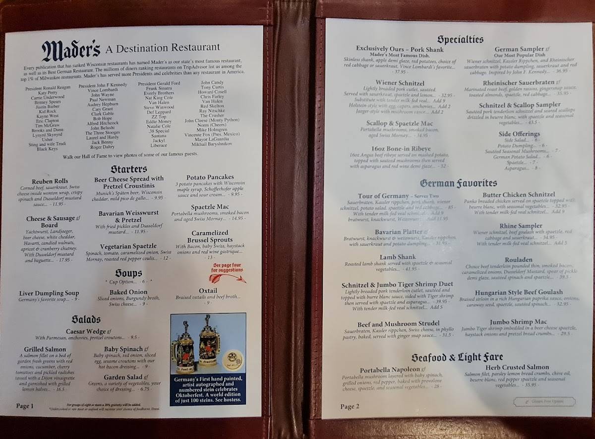 Menu at Mader's Restaurant, Milwaukee