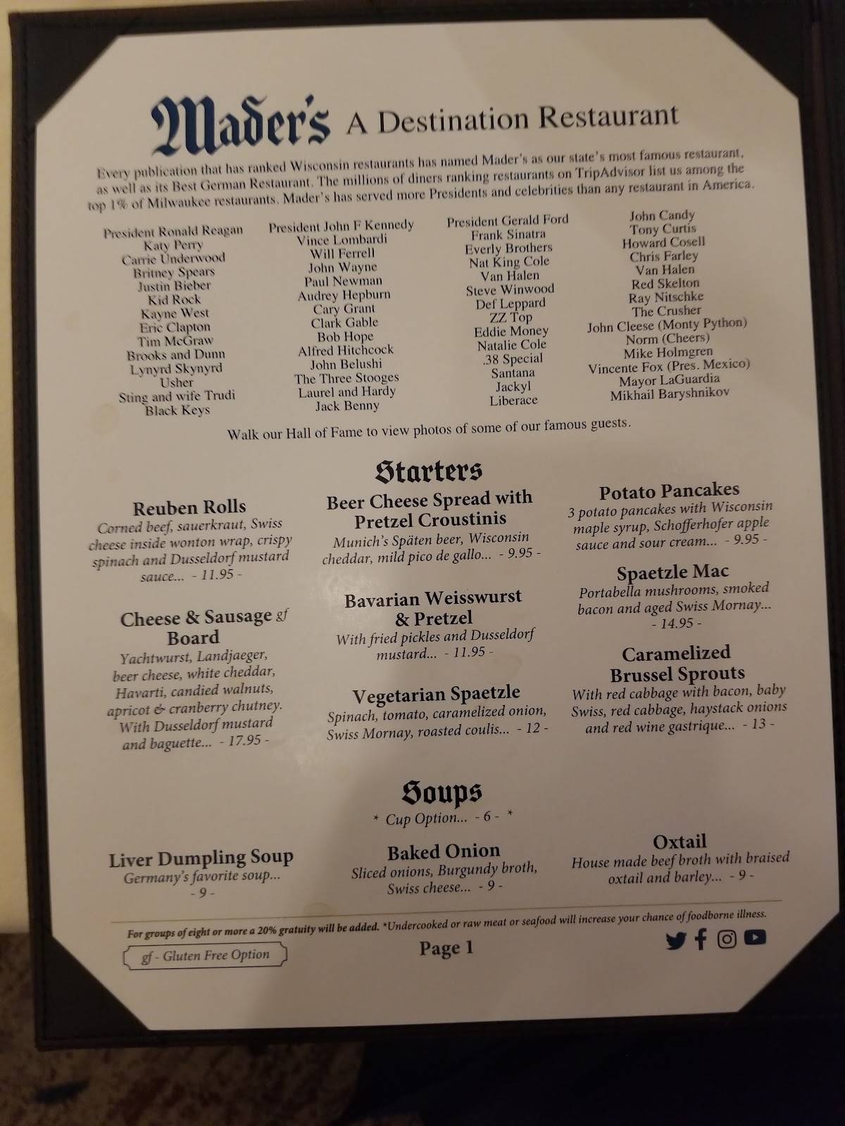 Menu at Mader's Restaurant, Milwaukee