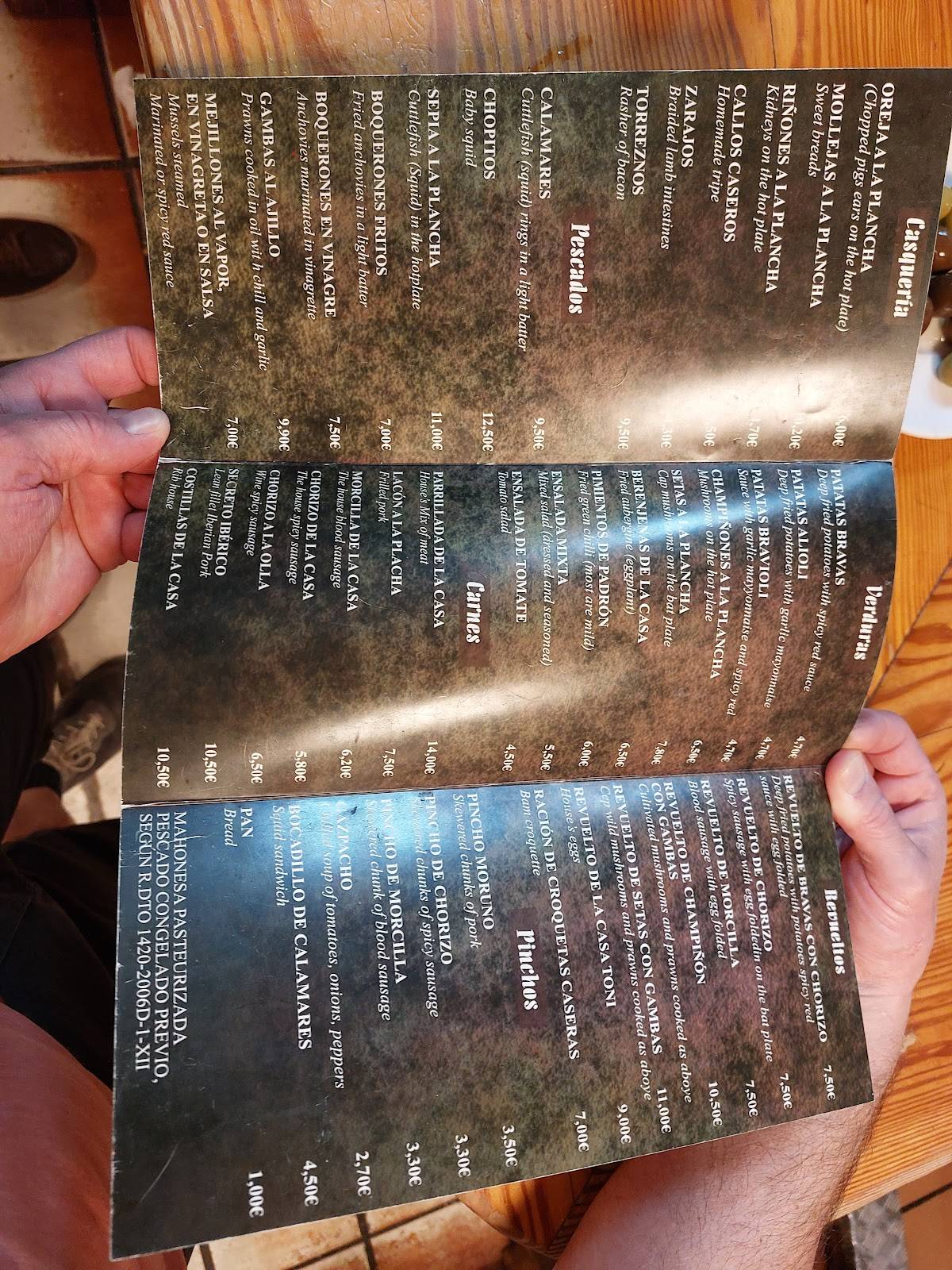 Menu at Casa Toni pub & bar, Madrid
