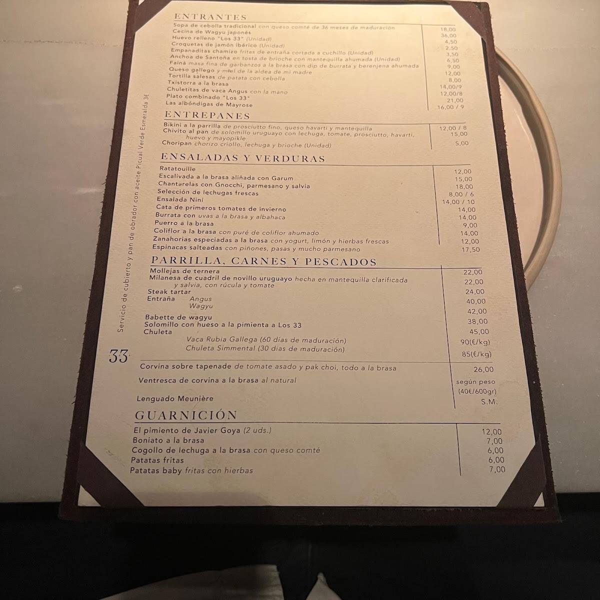 Carta de Los 33 Restaurante, Madrid