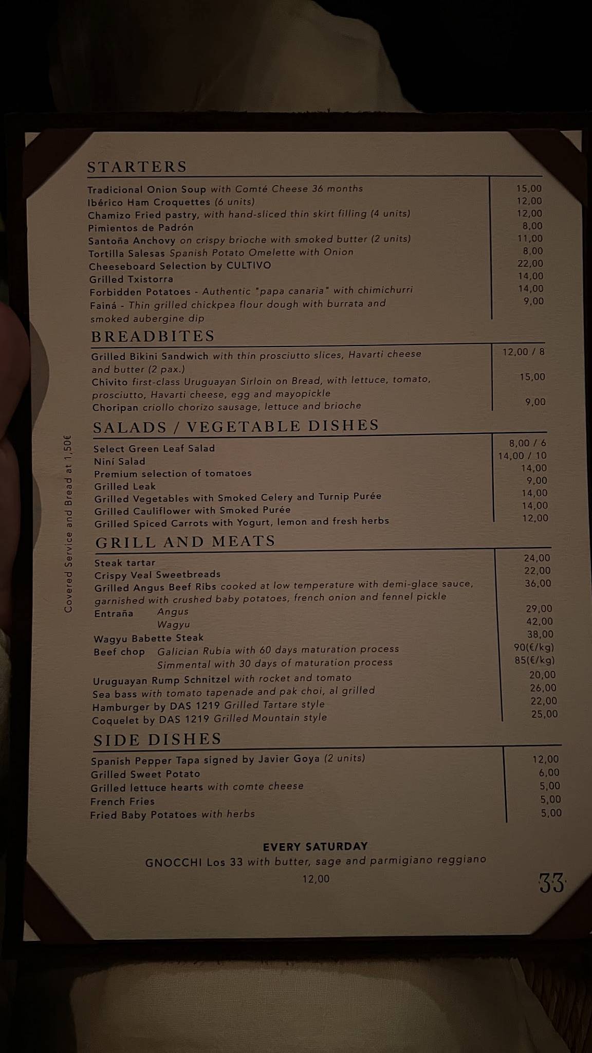 Carta de Los 33 Restaurante, Madrid