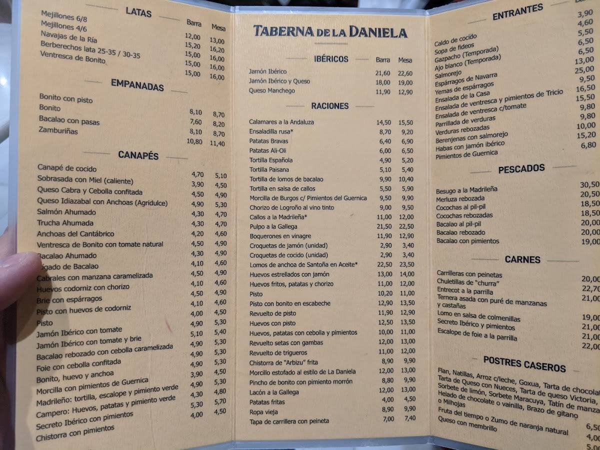 Carta del restaurante Taberna La Daniela, Madrid, Calle del los Cuchilleros