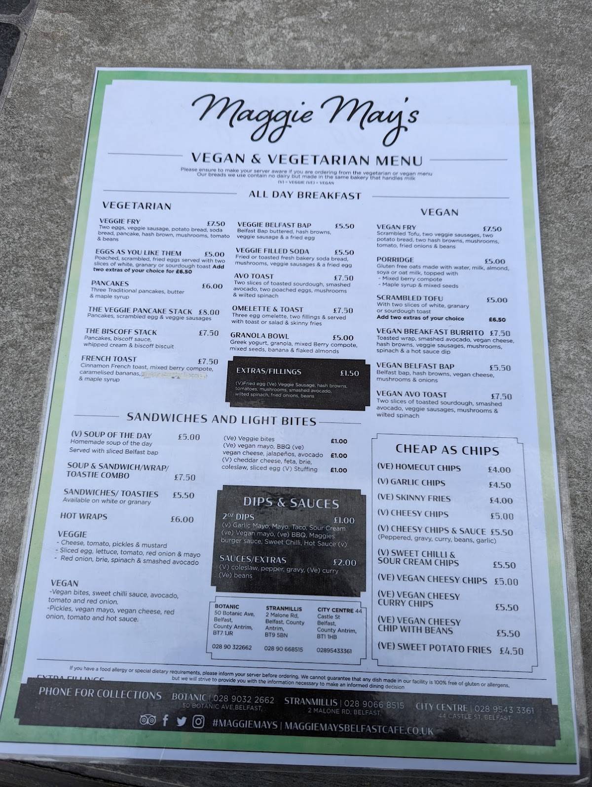 Menu at Maggie Mays Belfast Cafe, Belfast, 2 Malone Rd