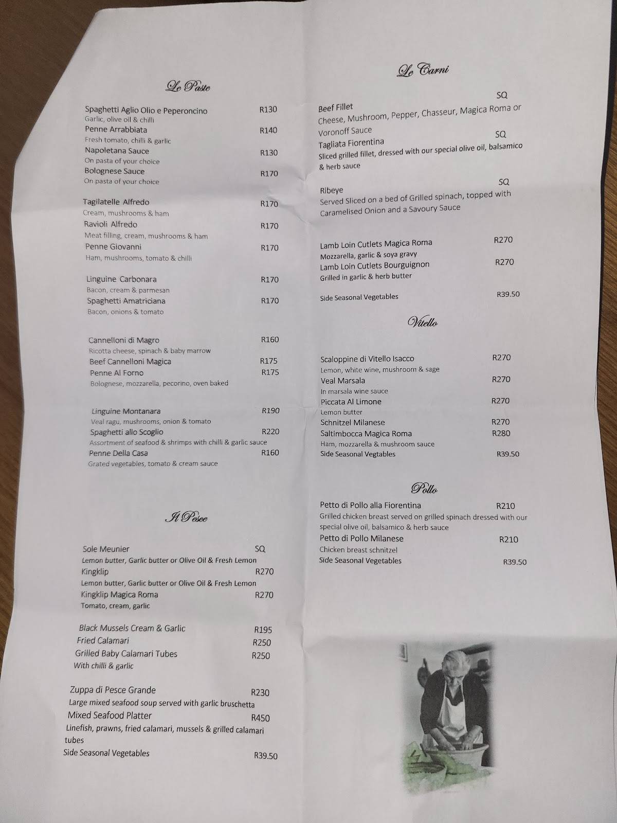 Menu at Magica Roma restaurant, Cape Town