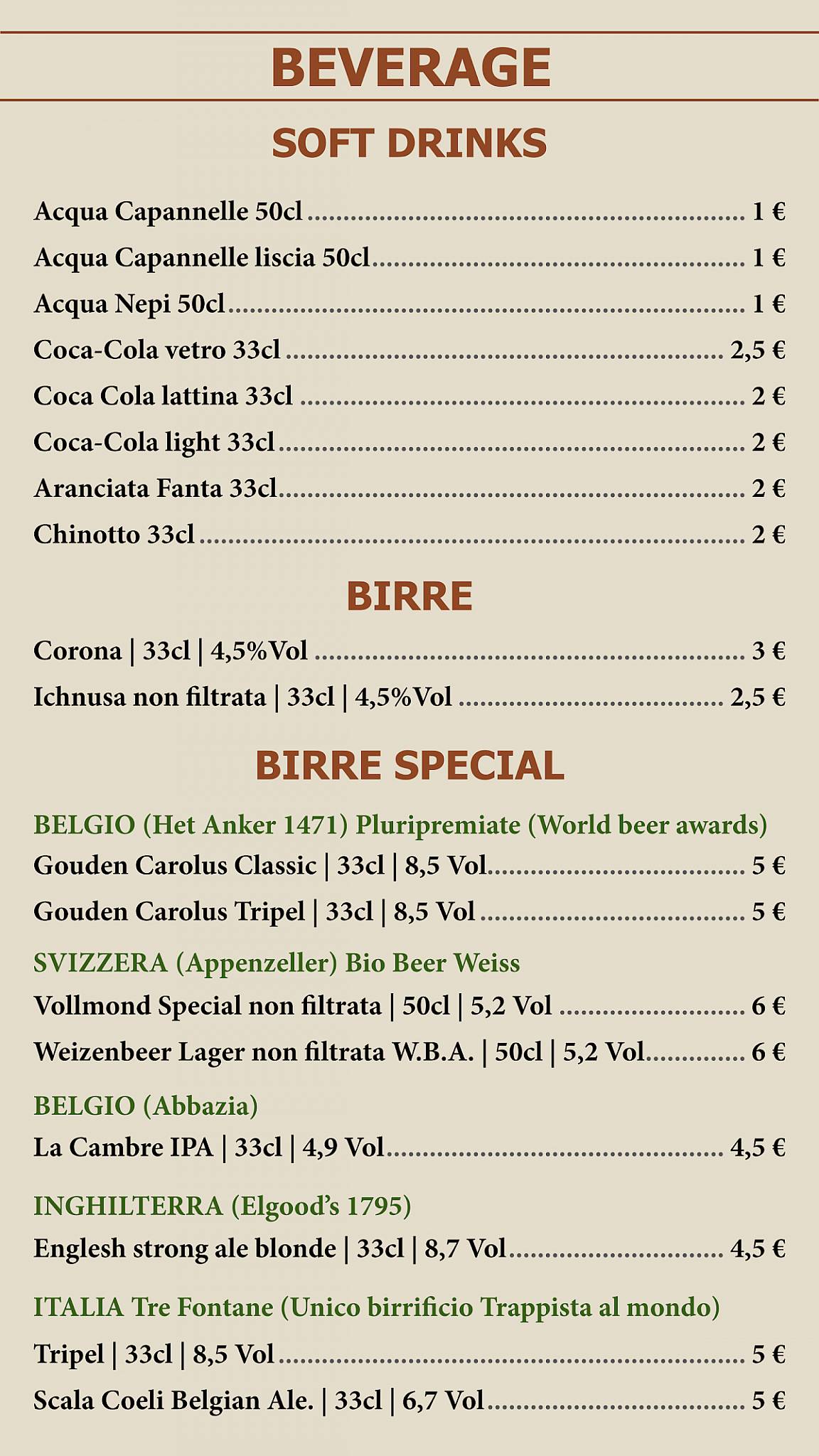 Menu at Magna Victus restaurant, Rome