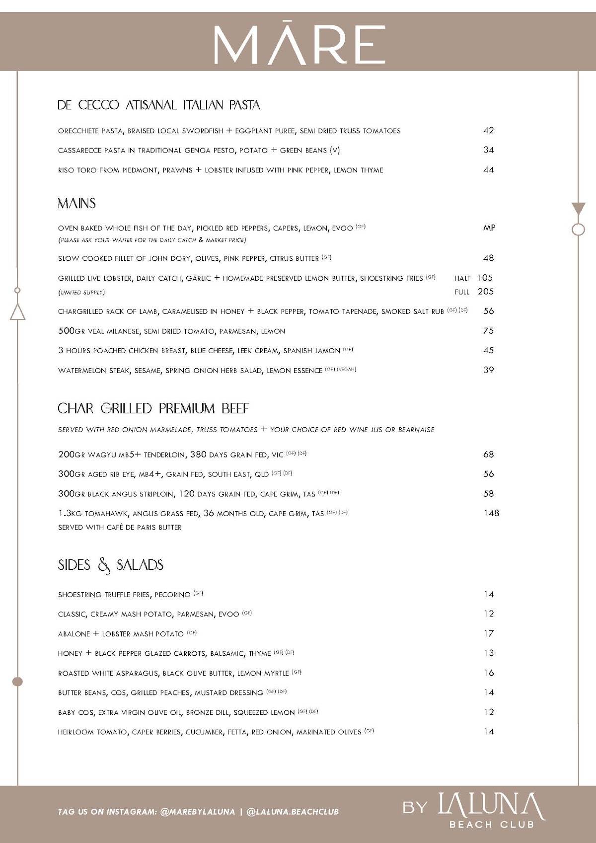 Carta de La Luna Beach Club, Main Beach