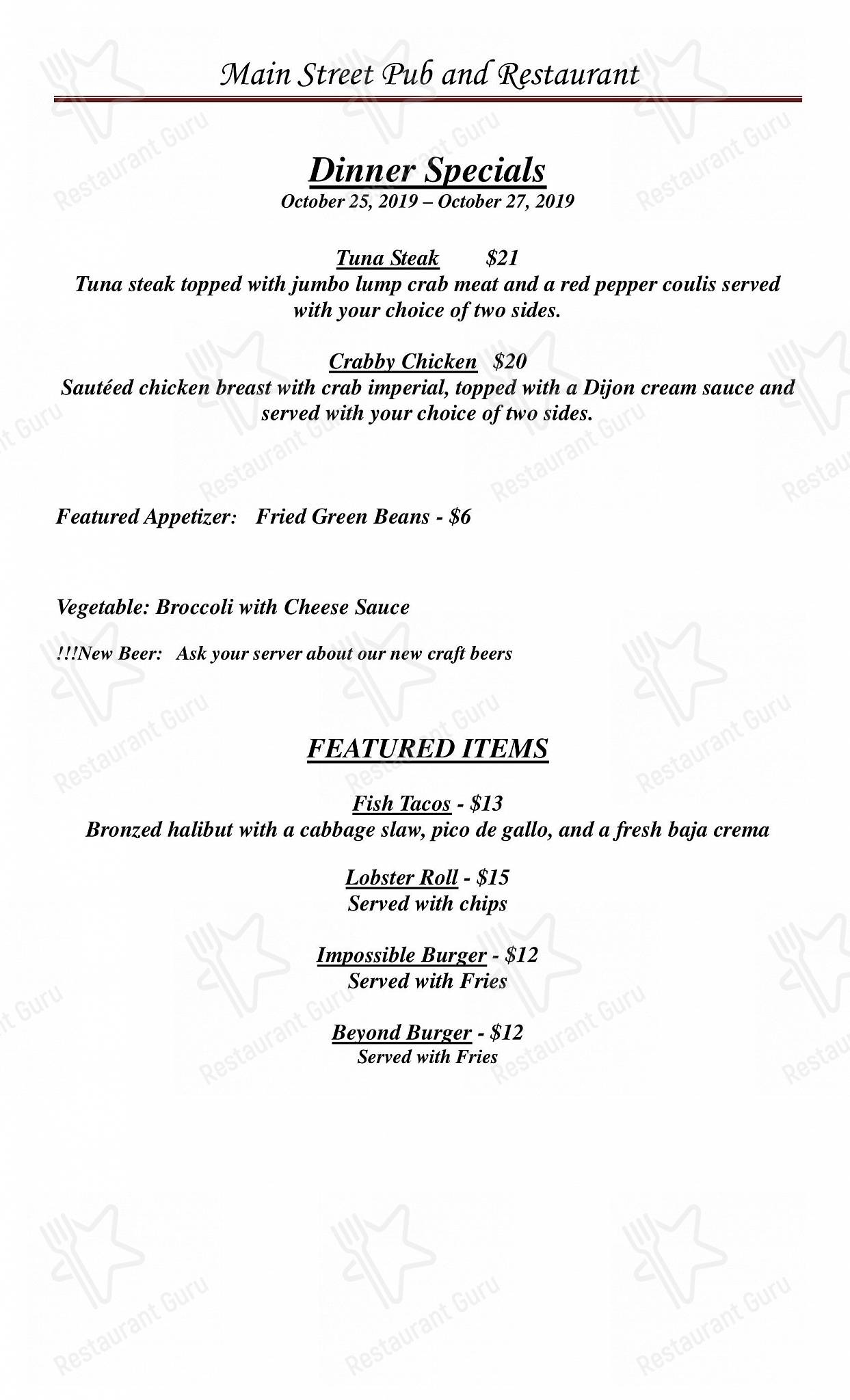Menu at Main Street Pub, Bally