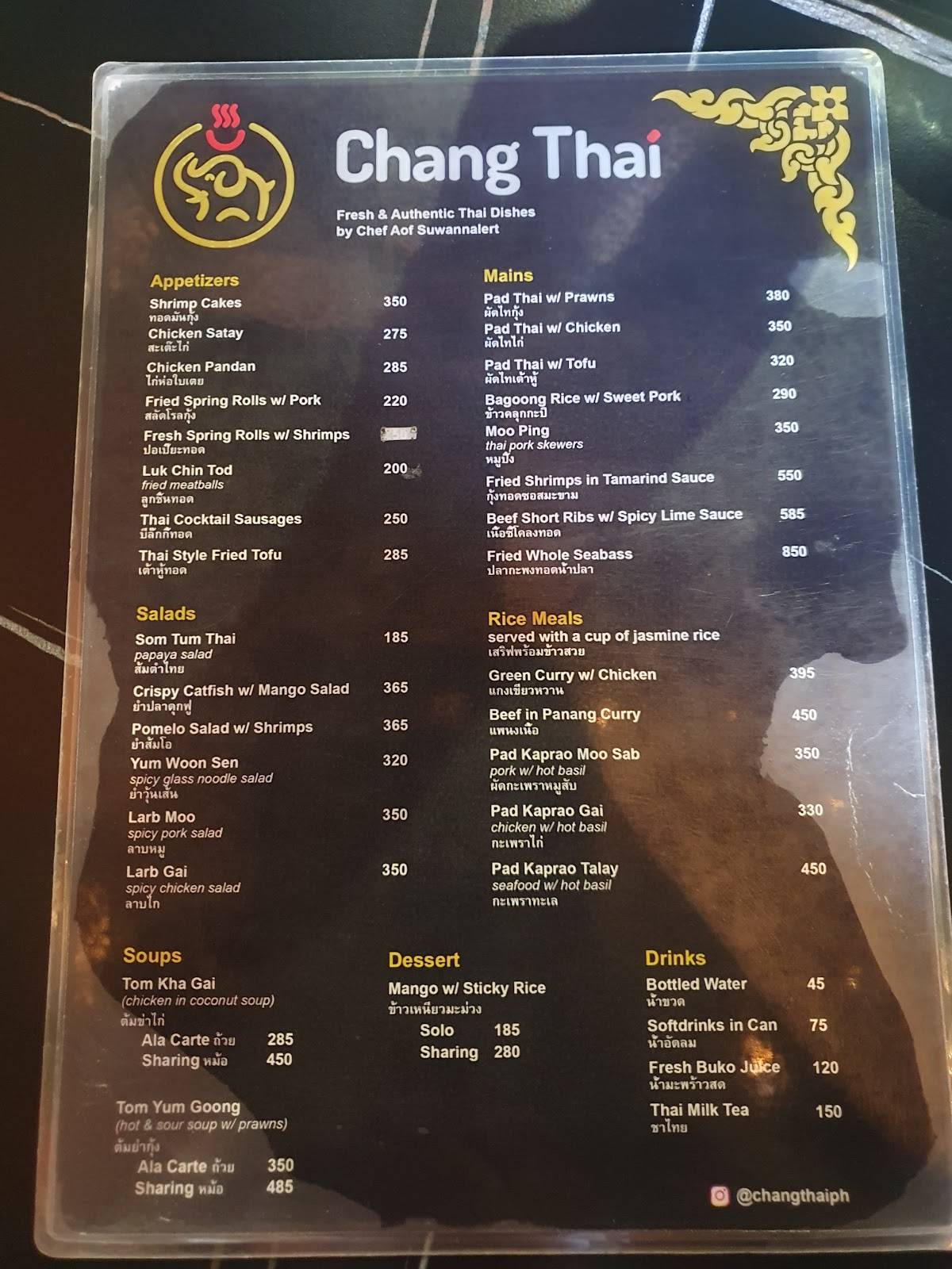 Menu at Chang Thai restaurant, Makati