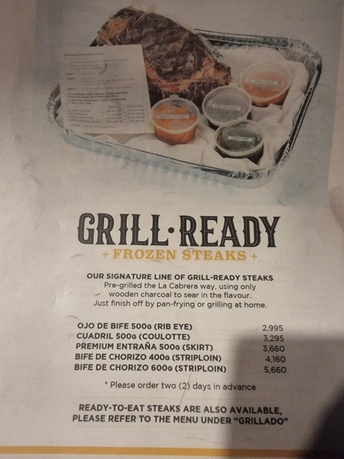 Menu at La Cabrera restaurant, Makati, H23G+46M