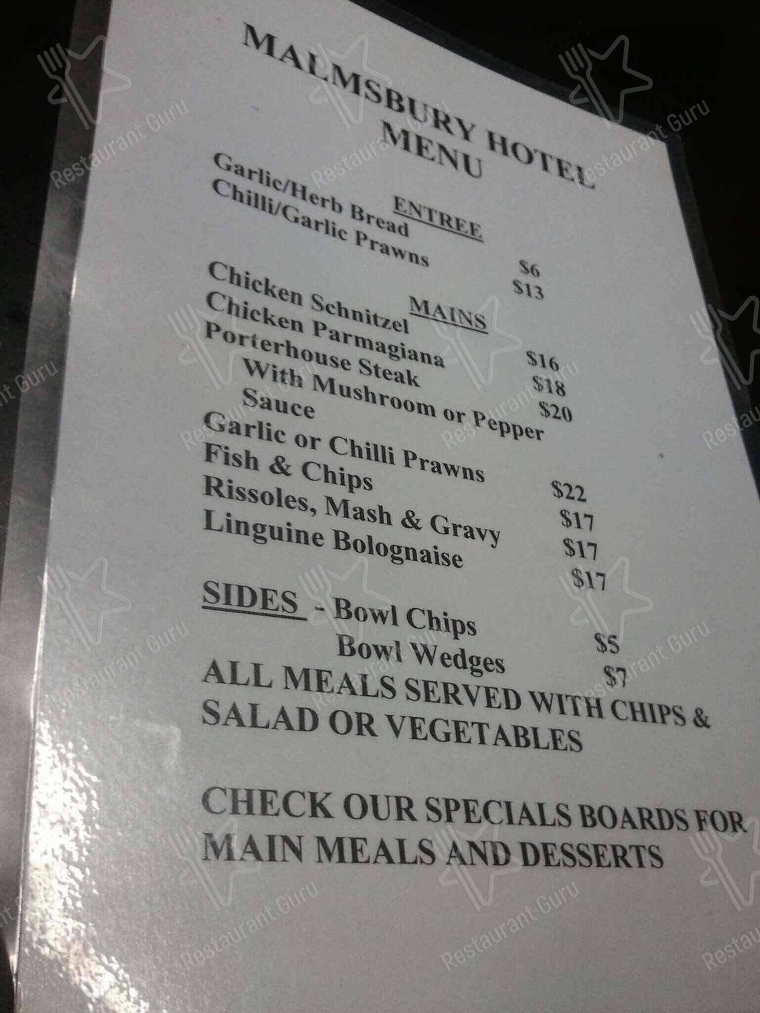 Menu at Malmsbury Hotel Motel Pub, Malmsbury