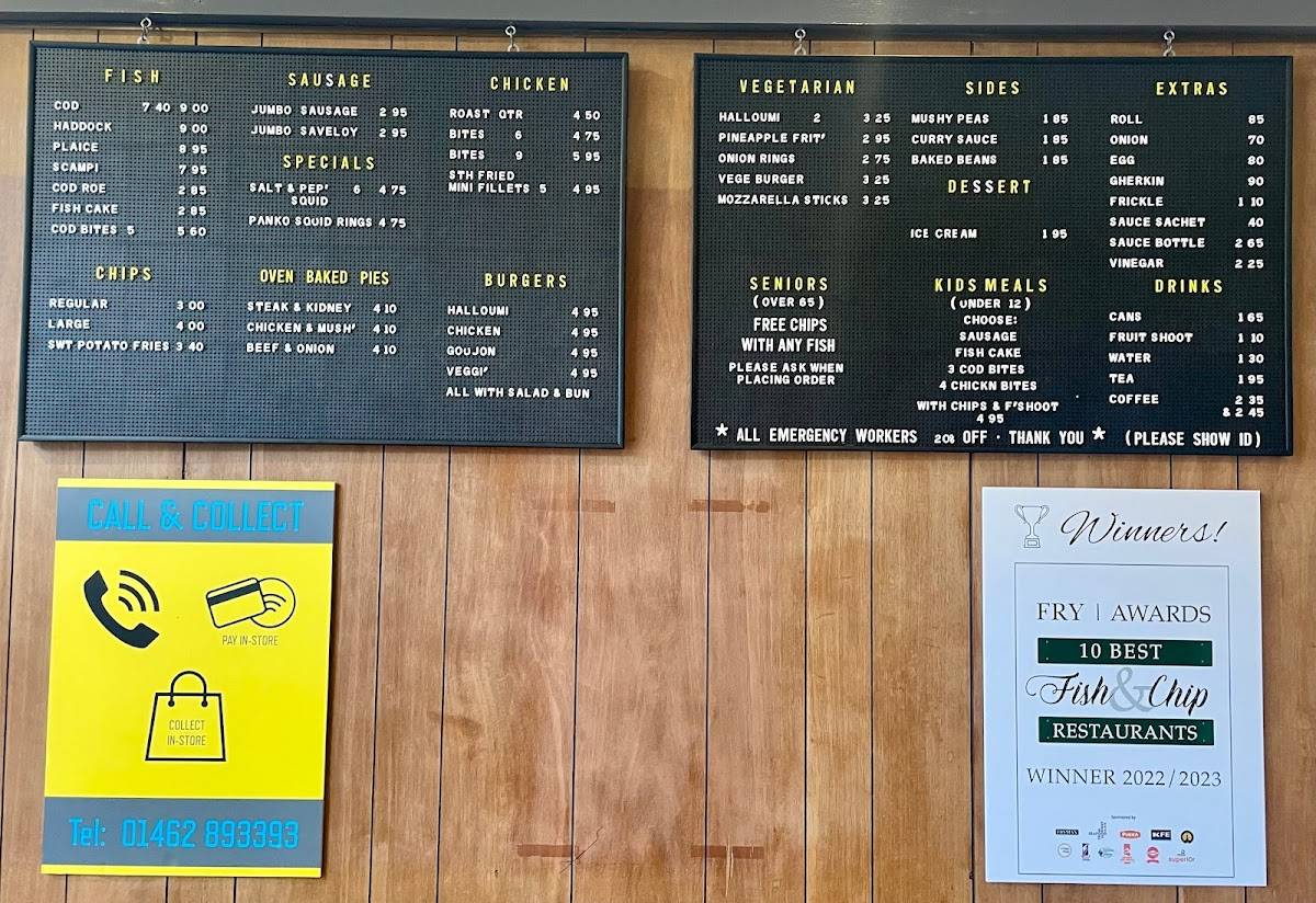 Menu at Maltings Fish and Chips restaurant, Baldock