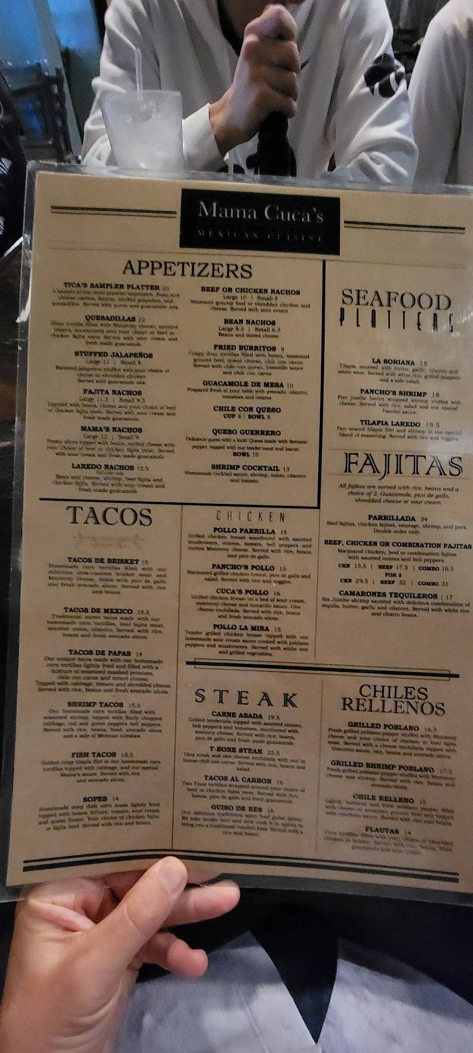 Menu at Mama Cuca's Mexican Cuisine restaurant, Mansfield