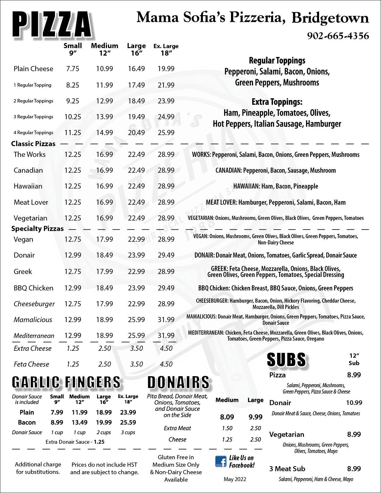 Menu at Mama Sofia's Pizzeria, Bridgetown