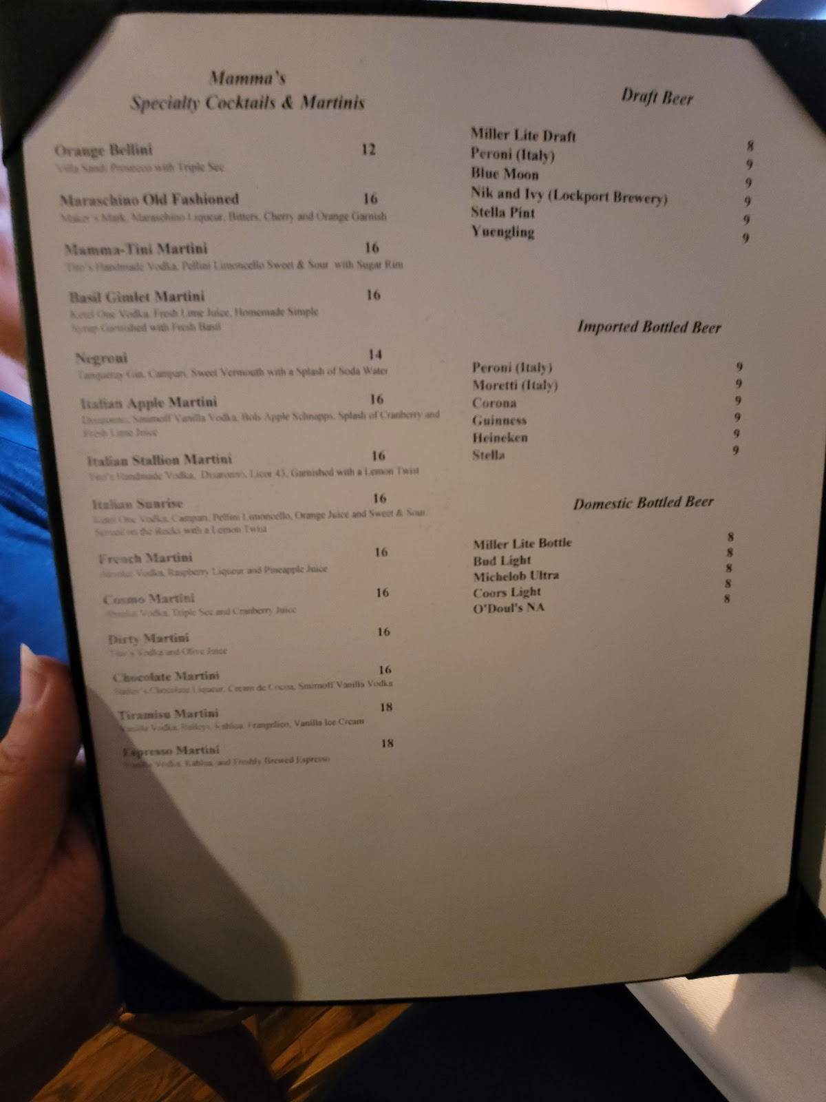 Menu at Mamma Onesta's Italian Restaurant, Lockport