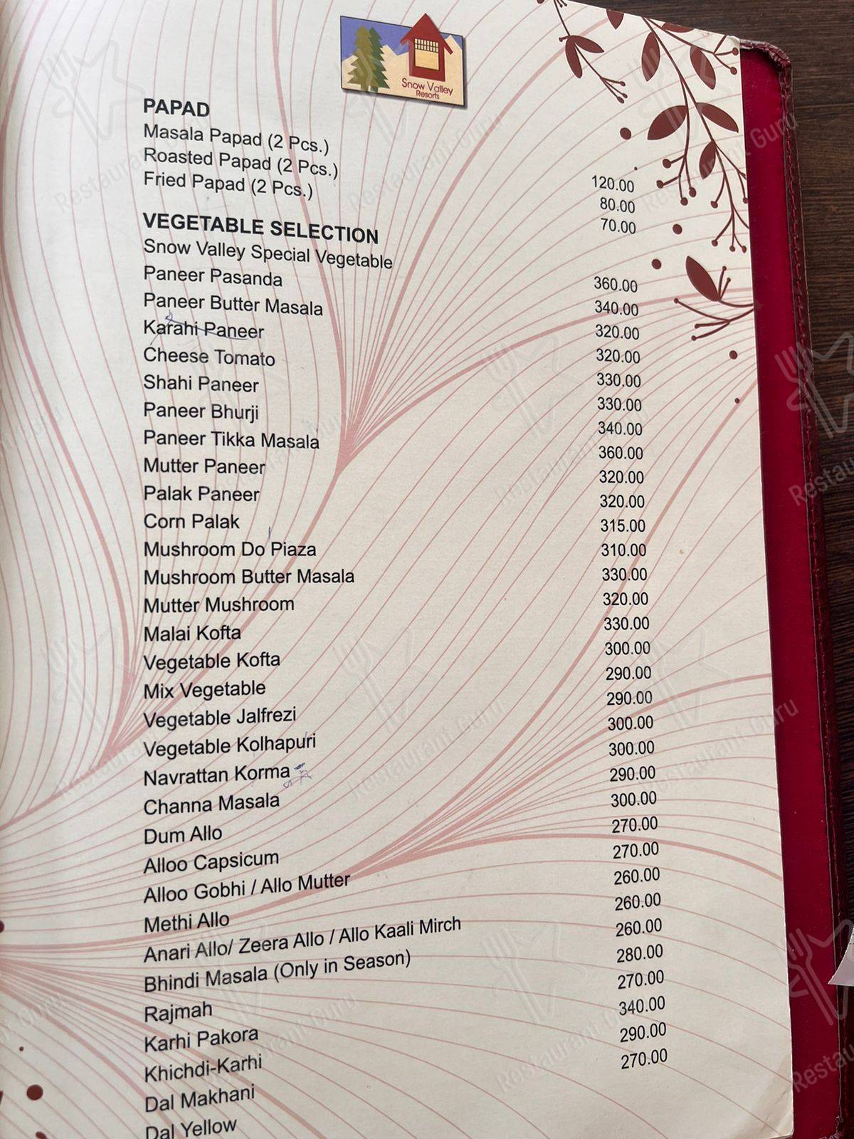Menu at Snow Valley Resorts, Manali