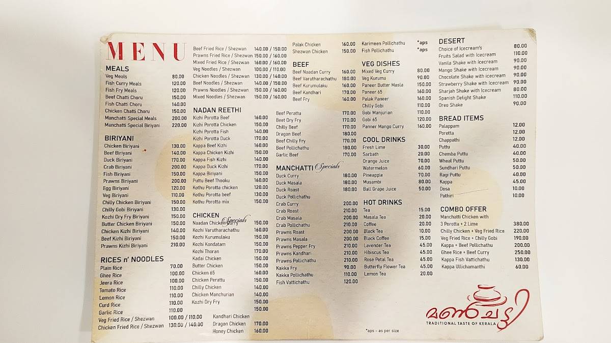 Menu at Manchatti Restaurant, Aluva, Aluva - Paravoor Rd
