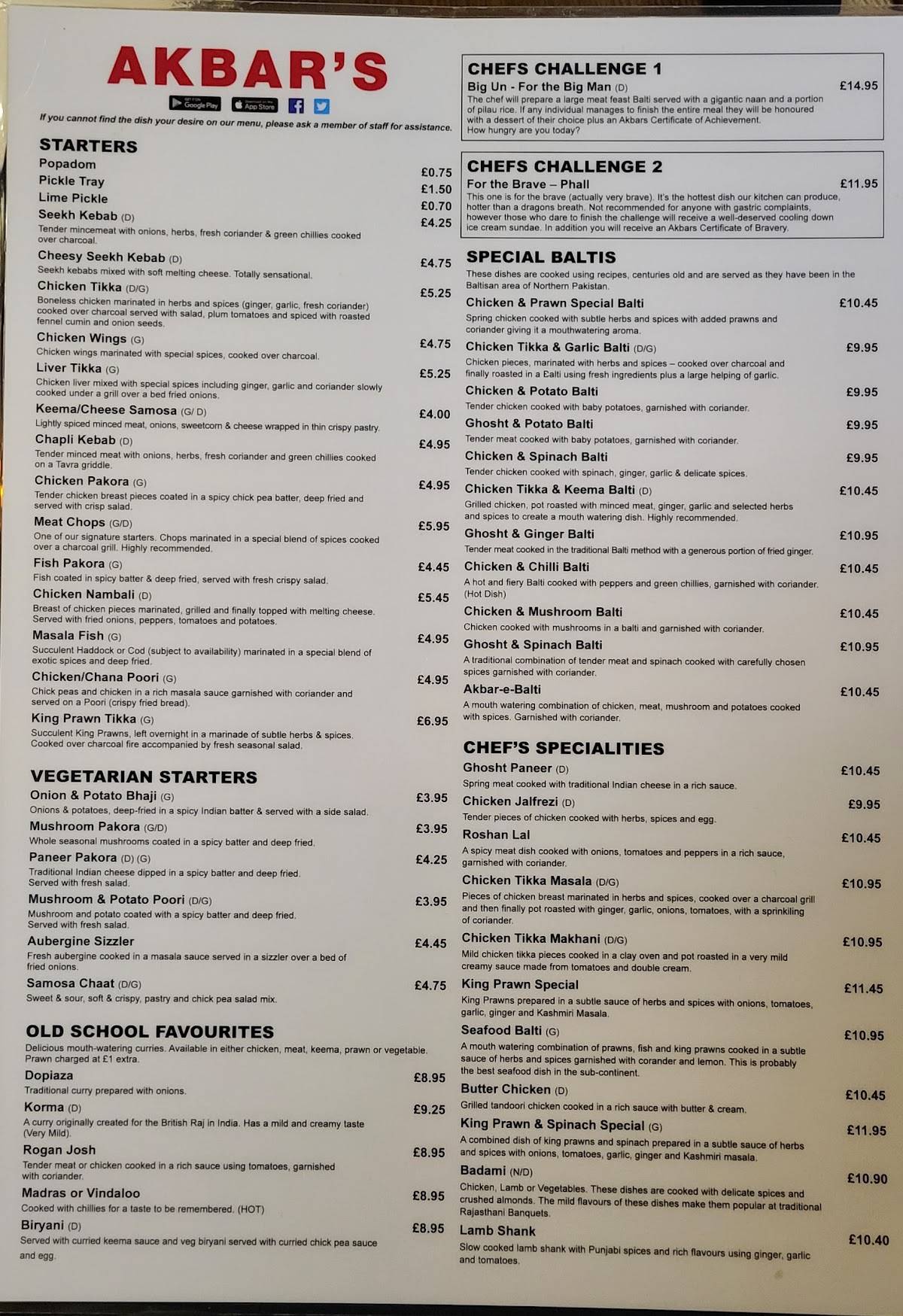 Menu at Akbar's Restaurant, Manchester