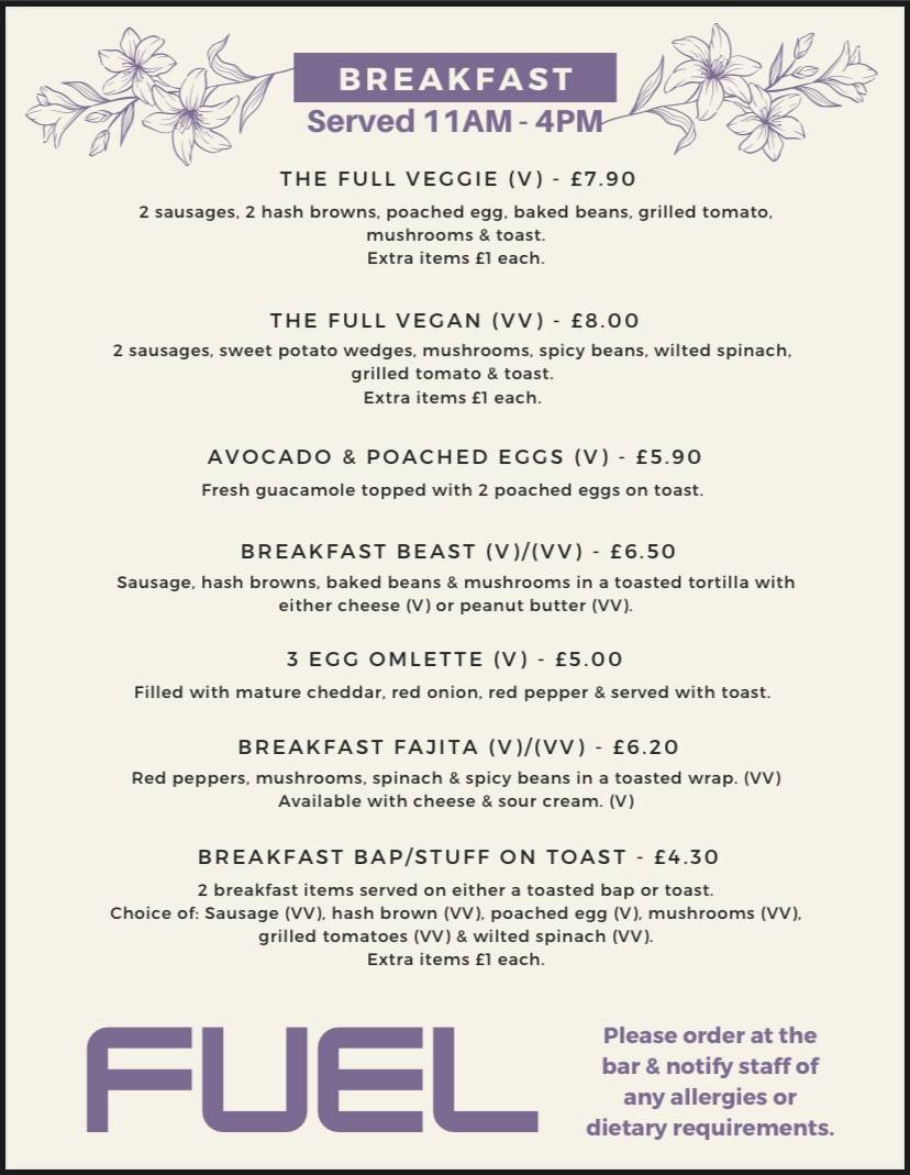 Menu at Fuel Cafe Bar, Manchester, 448 Wilmslow Rd