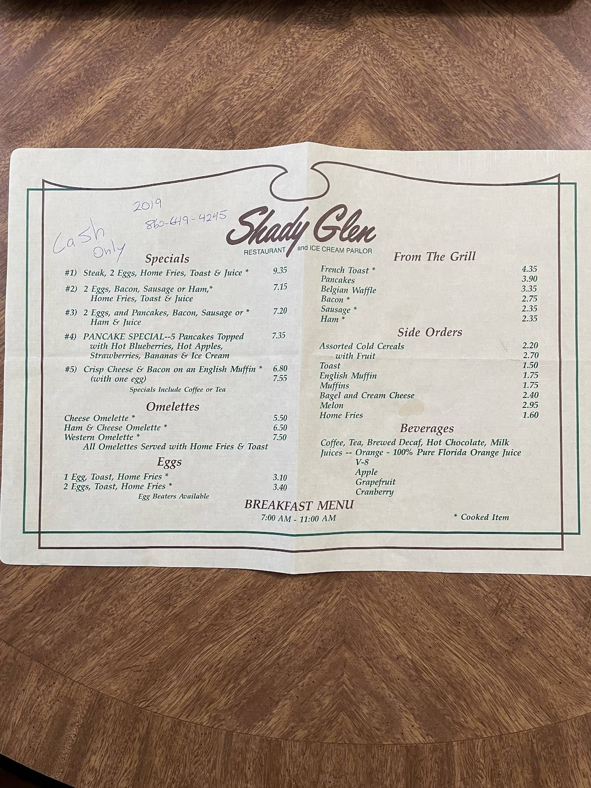 Menu at Shady Glen Restaurant and Ice Cream Parlor, Manchester, 840 ...
