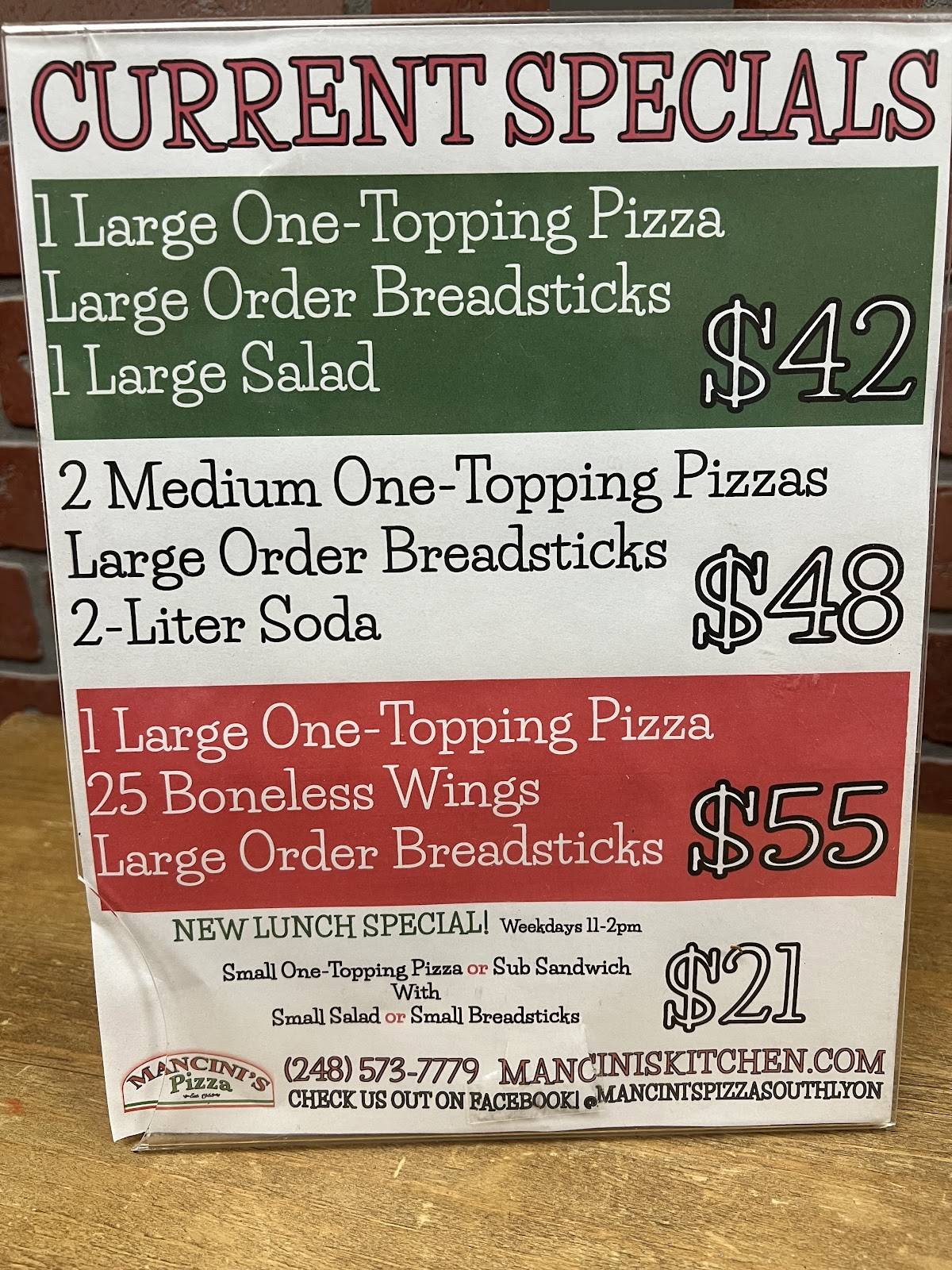 Menu at Mancini's Kitchen pizzeria, South Lyon