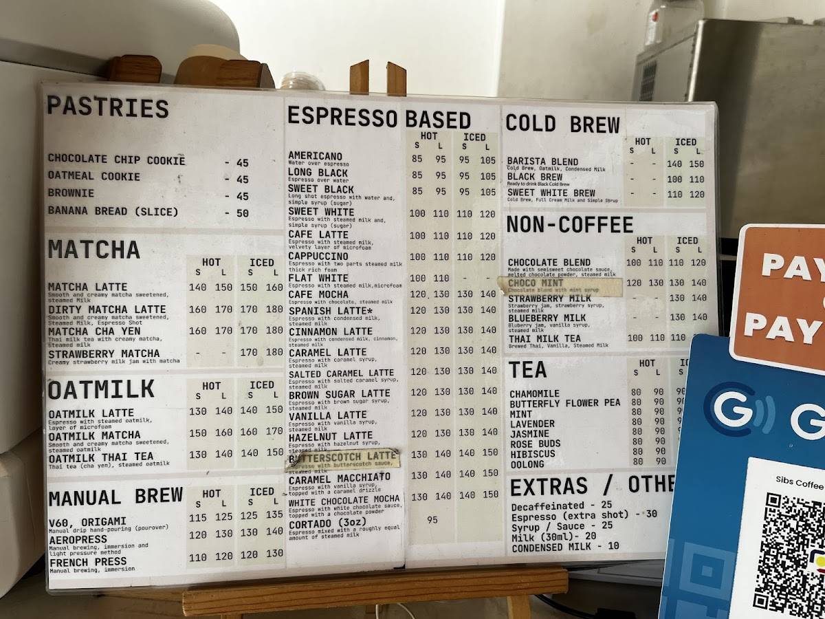 Menu at Sibs Coffee Roasters restaurant, Mandaluyong