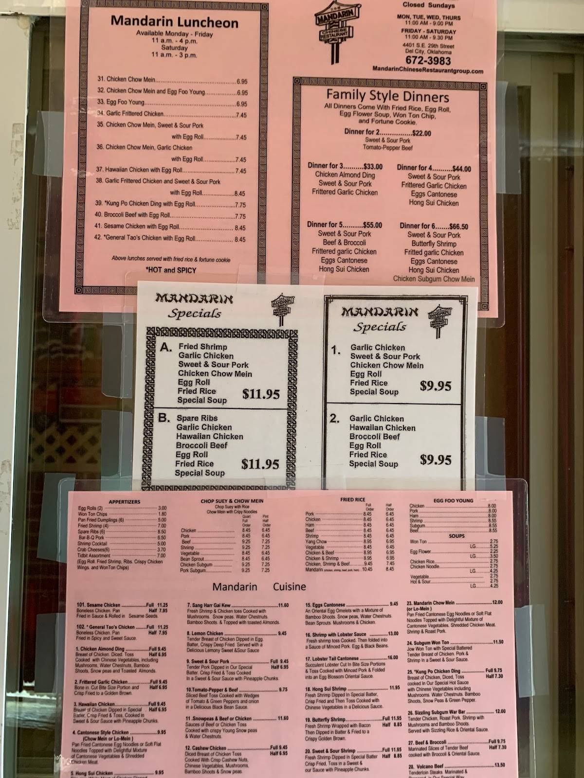 Menu at Mandarin restaurant, Oklahoma City, SE 29th St
