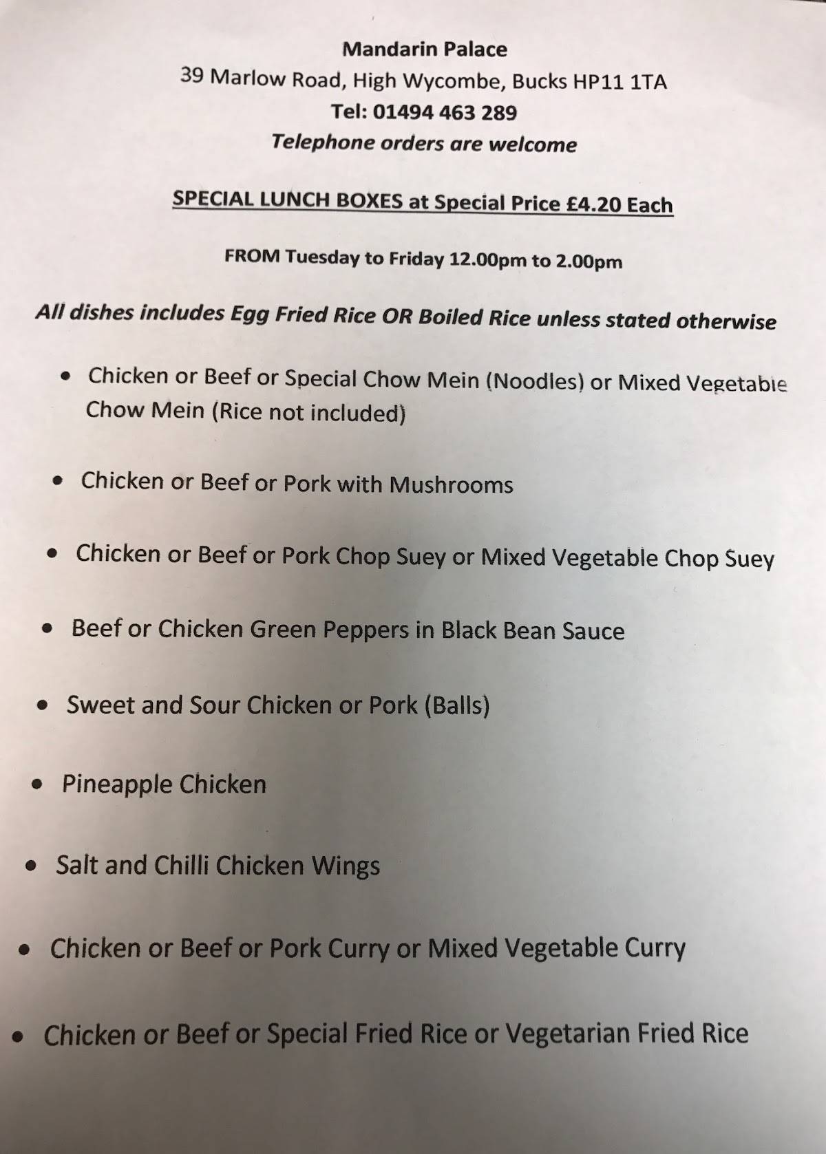 Menu at Mandarin Palace fast food, High Wycombe