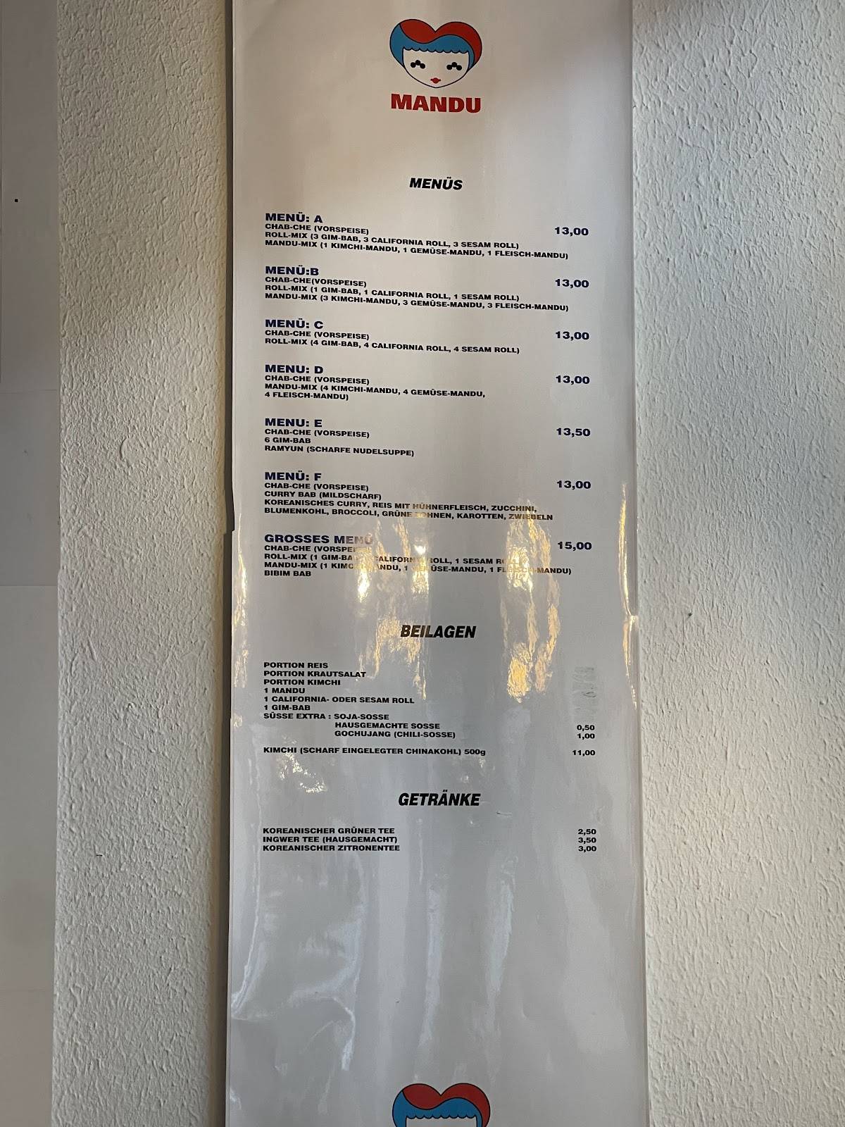 Speisekarte von Mandu restaurant, Bonn, Franziskanerstraße 5