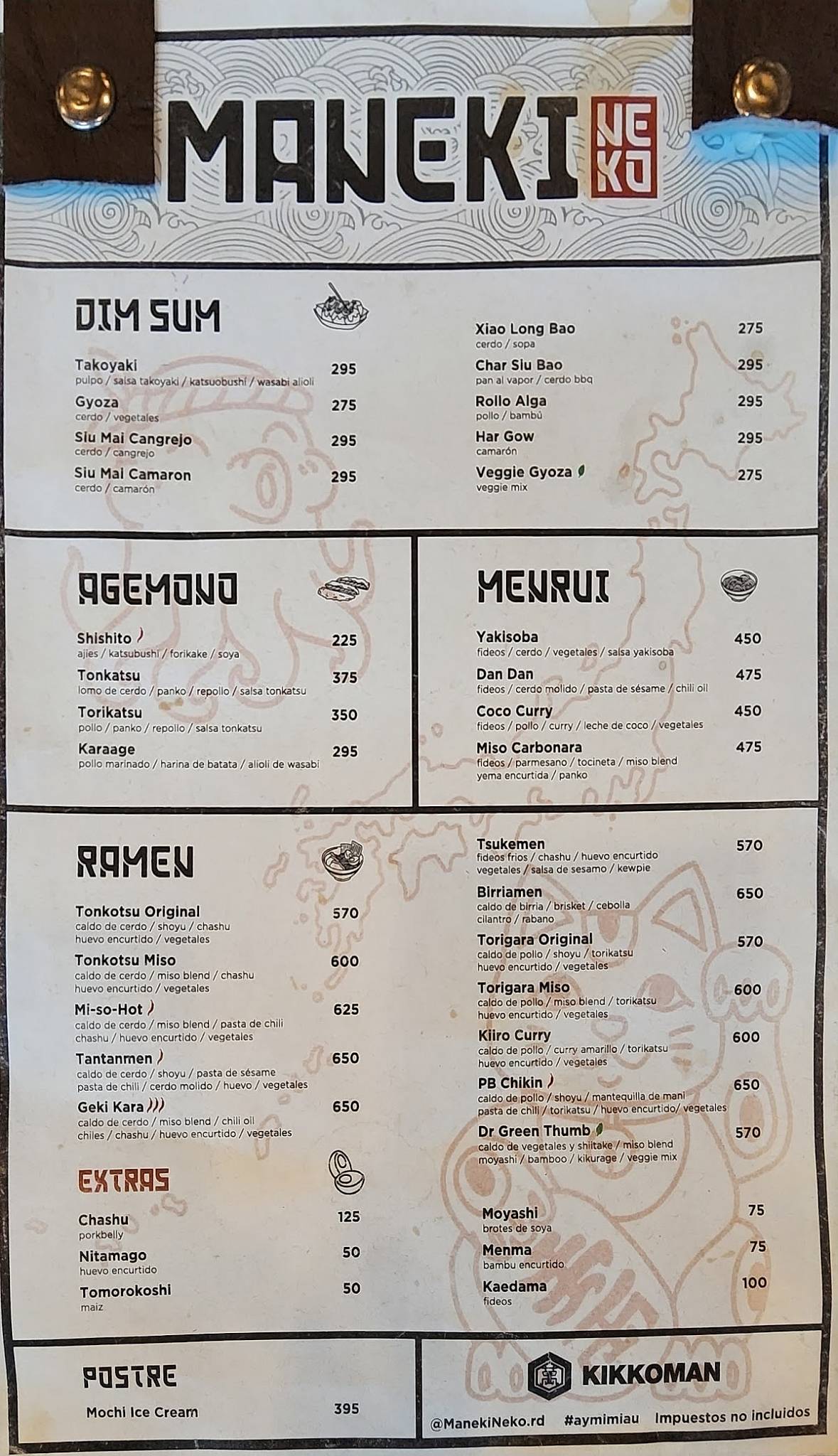 Carta del restaurante Maneki Neko, Santo Domingo