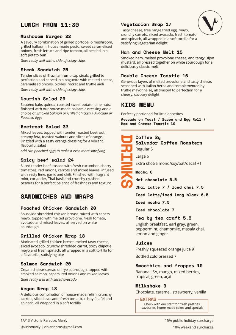 Menu at Vini's Cafe, Manly