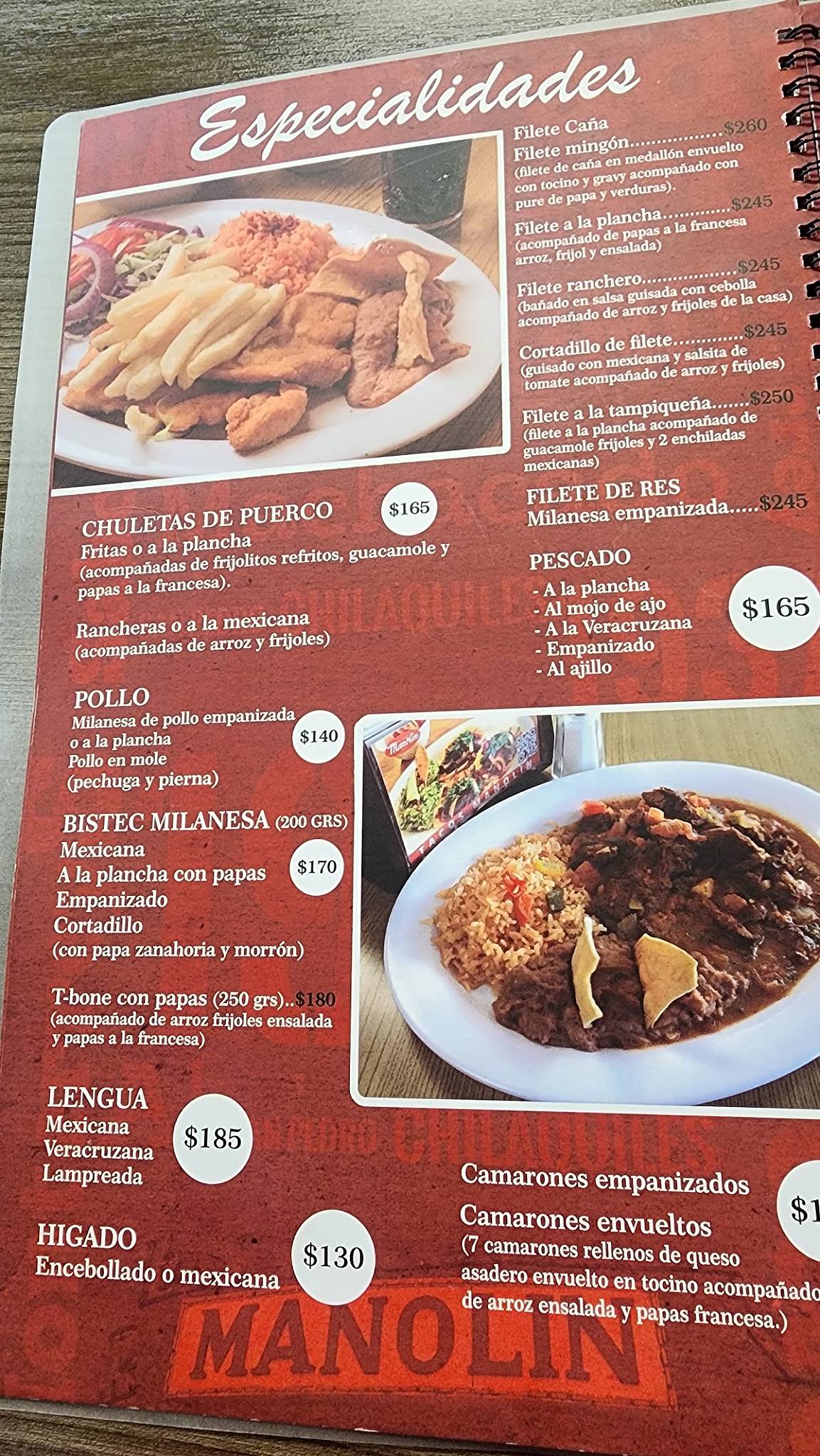 Carta del restaurante Manolín Purísima, Monterrey