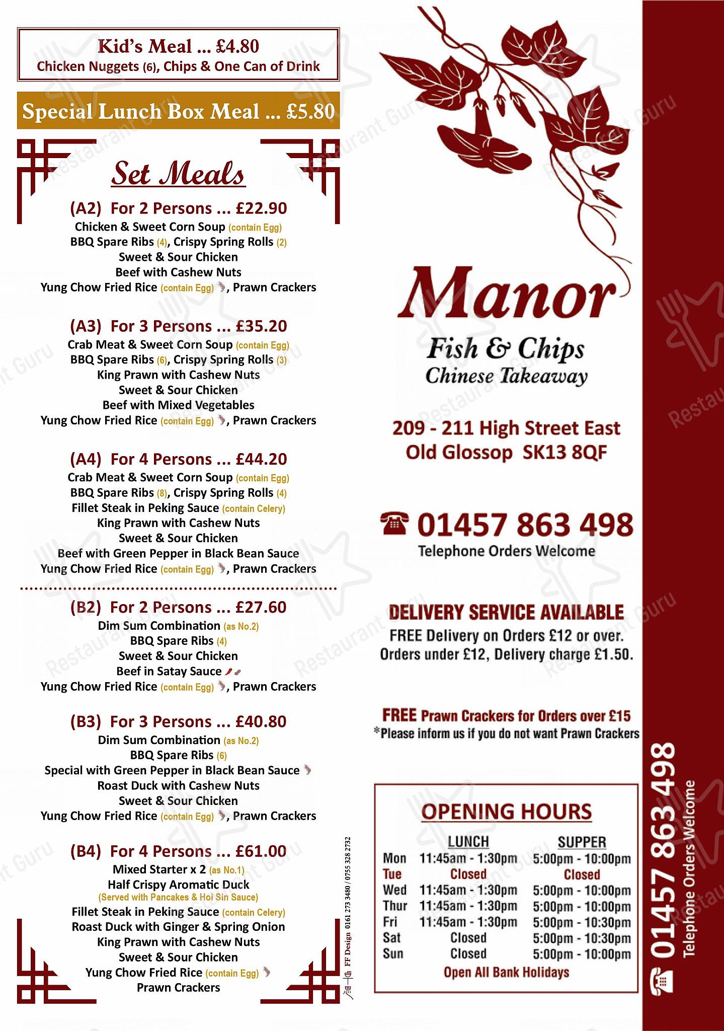 Menu at Manor Fish and Chips restaurant, Glossop