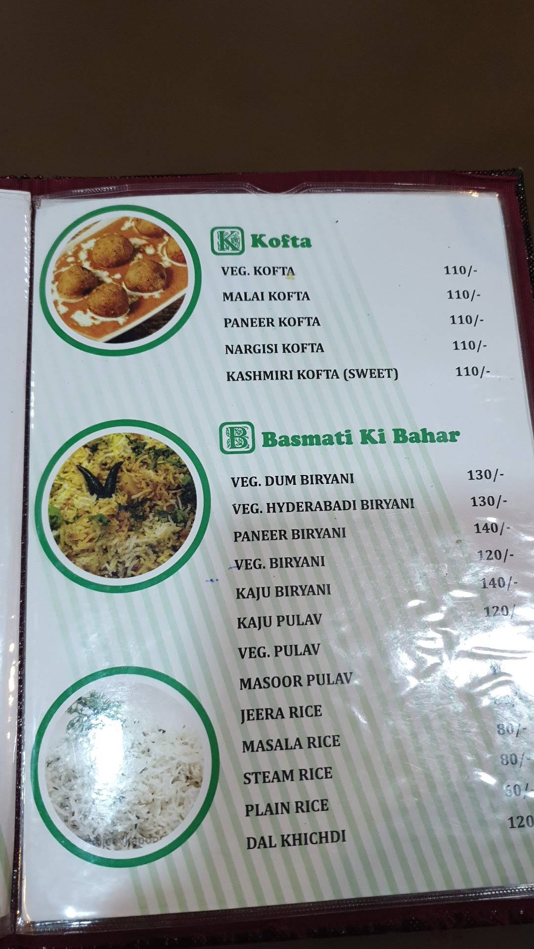 Menu at Simla Inn, Takwahal