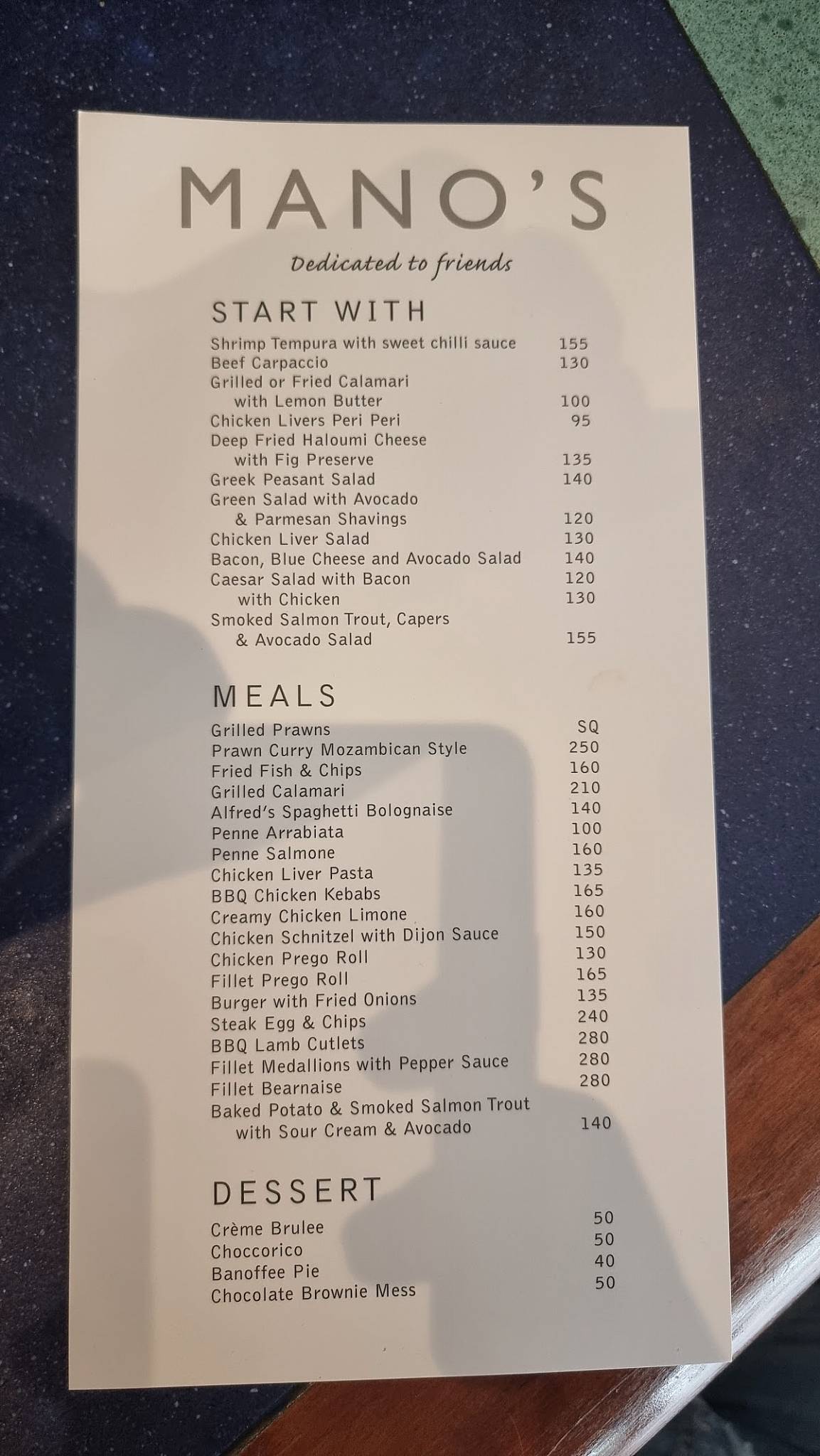 Menu at Mano's restaurant, Cape Town