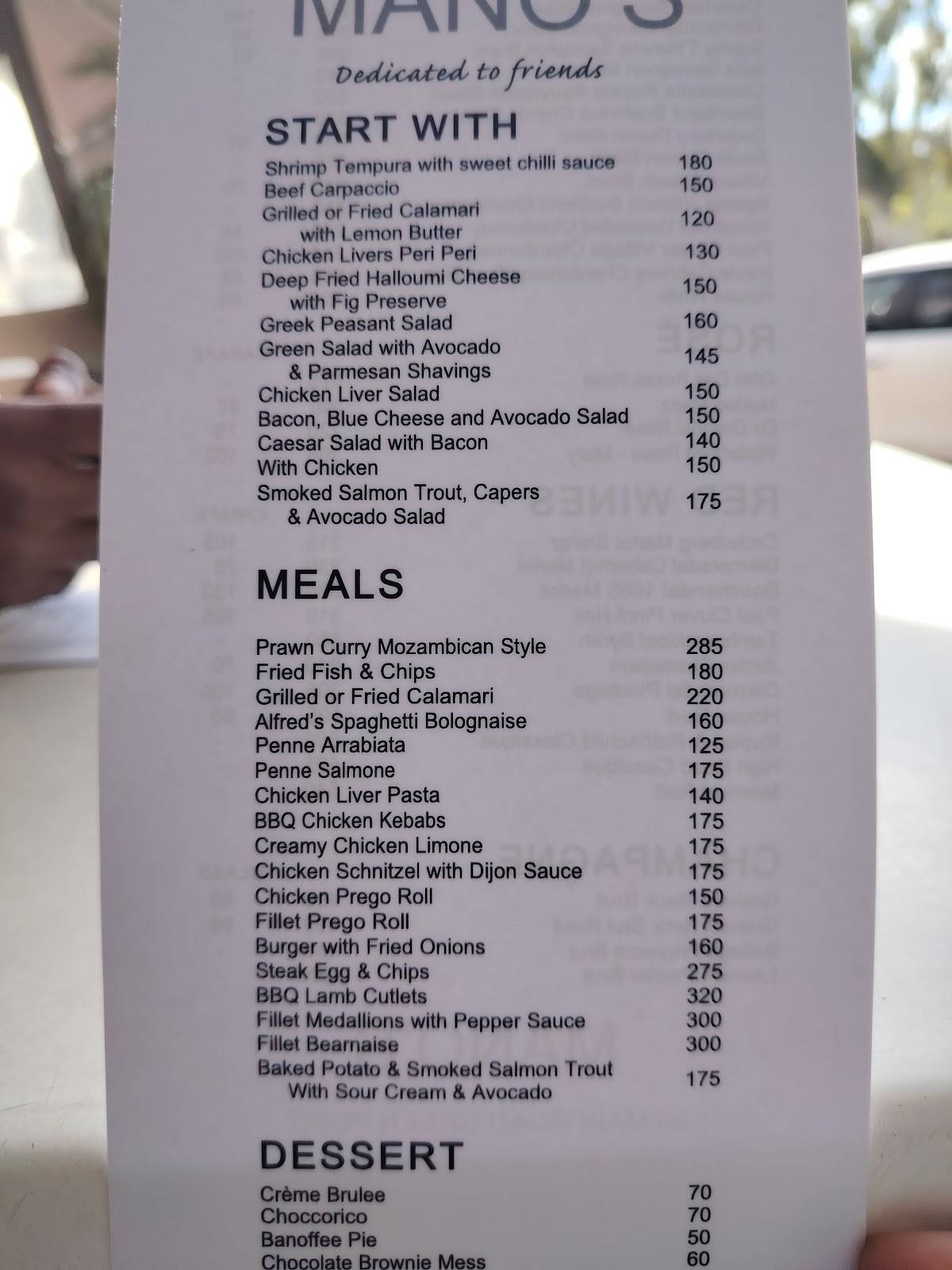 Menu at Mano's restaurant, Cape Town