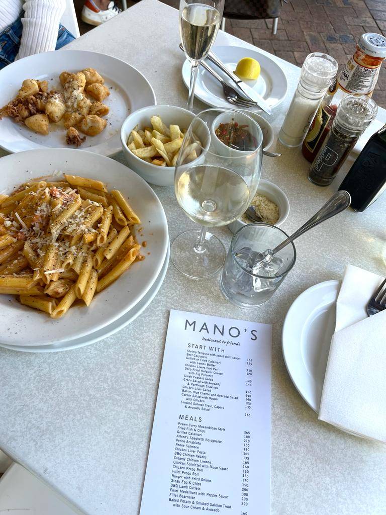 Menu at Mano's restaurant, Cape Town