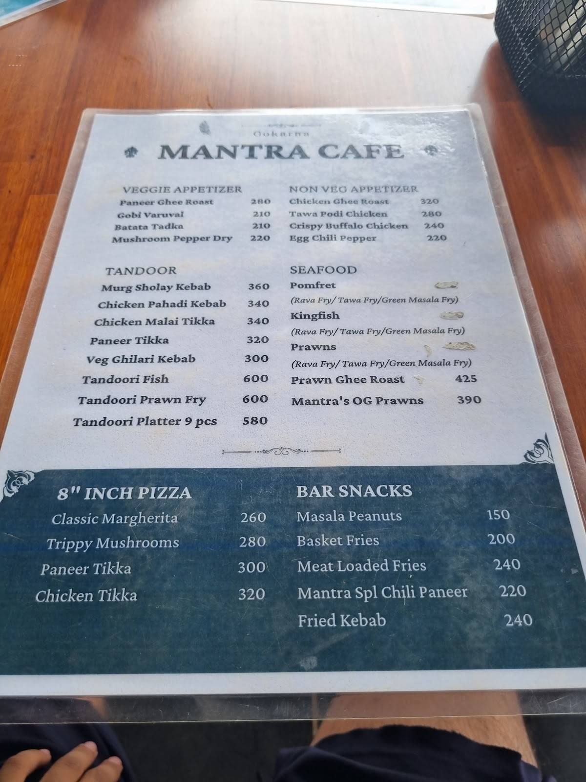 Menu at Mantra Cafe, Gokarna